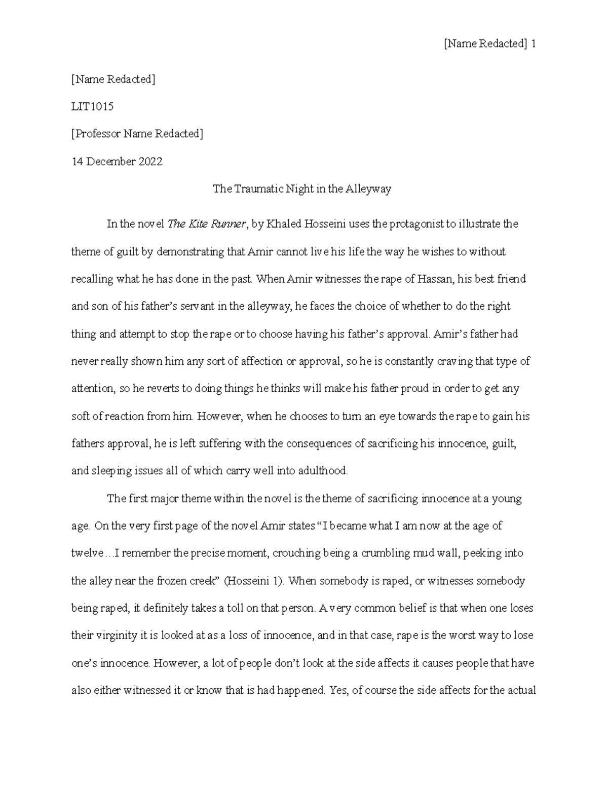 LIT1015 - The Kite Runner Revised Essay - [Name Redacted] LIT ...