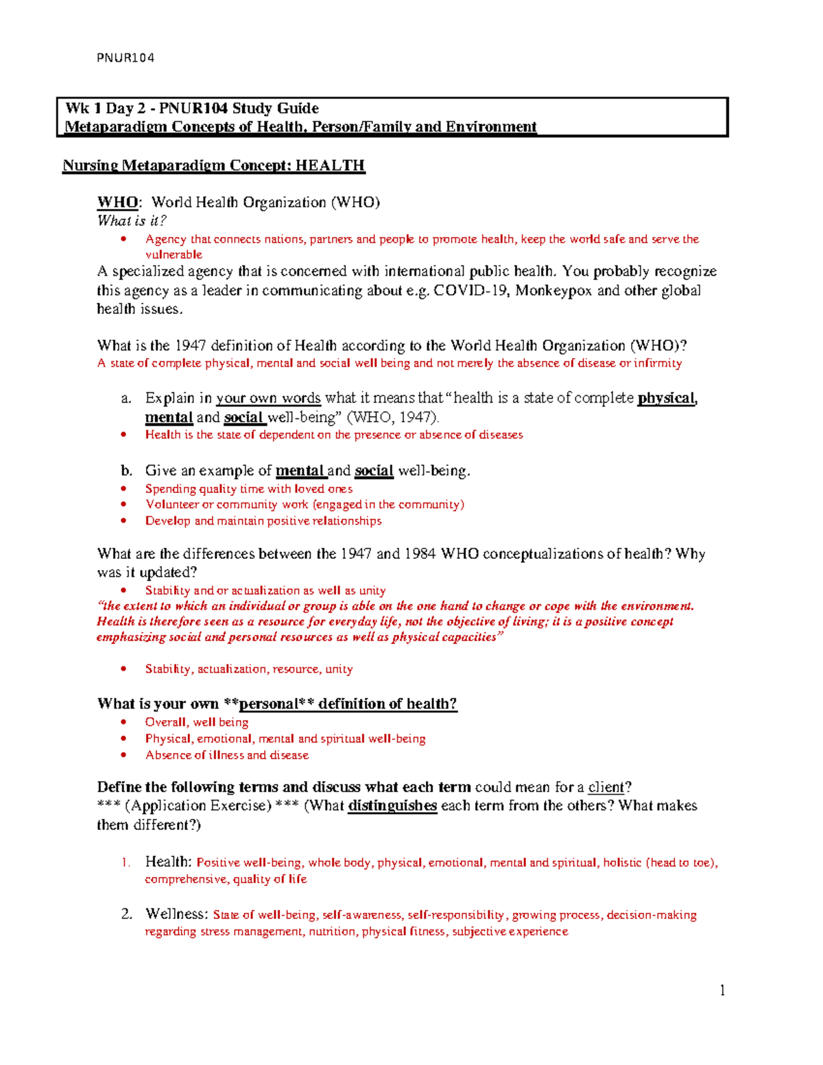 PNUR104 Wk 1 Day 2 Comprehensive Study Guide - Wk 1 Day 2 - PNUR104 ...
