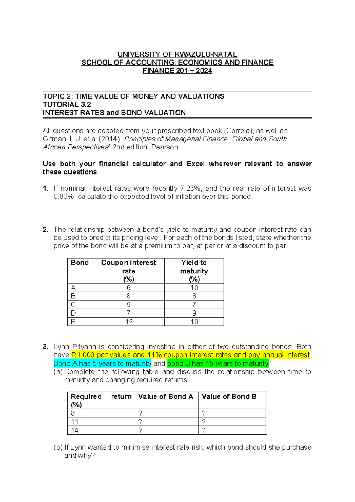 FINA201 Tut 3.2 Questions - UNIVERSITY OF KWAZULU-NATAL SCHOOL OF ...