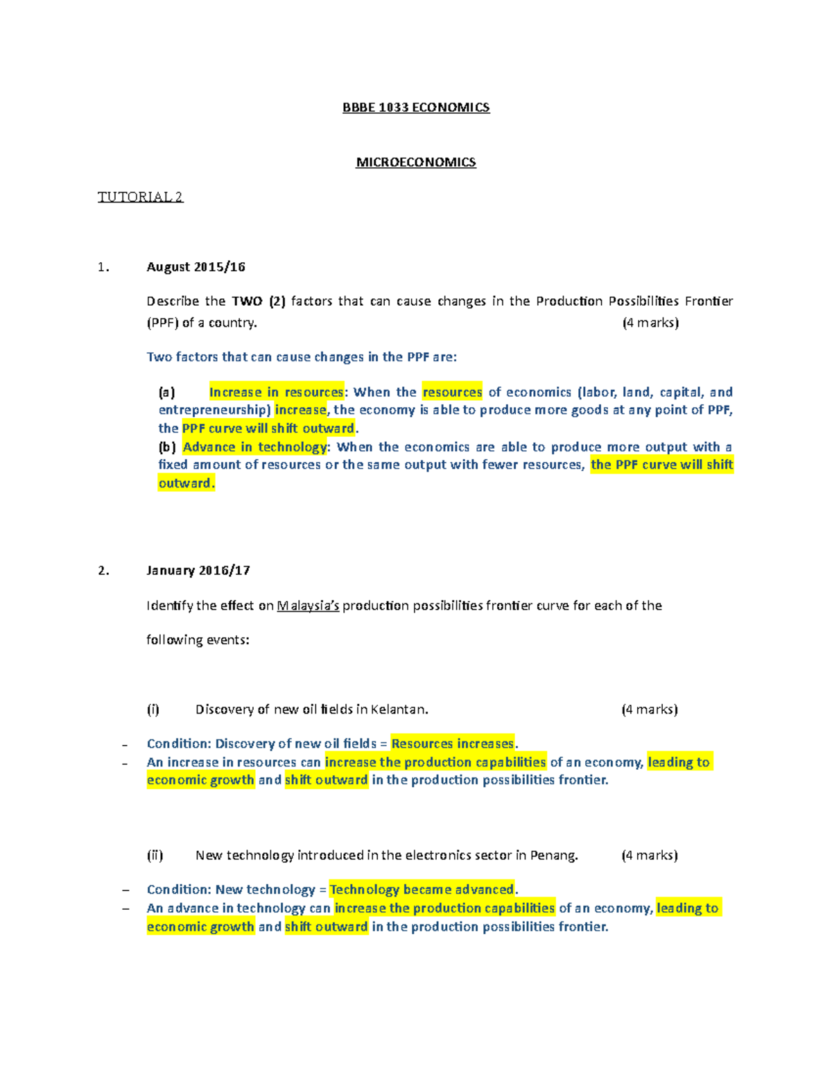 BBBE 1033 Economics T2 - BBBE 1033 ECONOMICS MICROECONOMICS TUTORIAL 2 August 2015/ Describe the ...