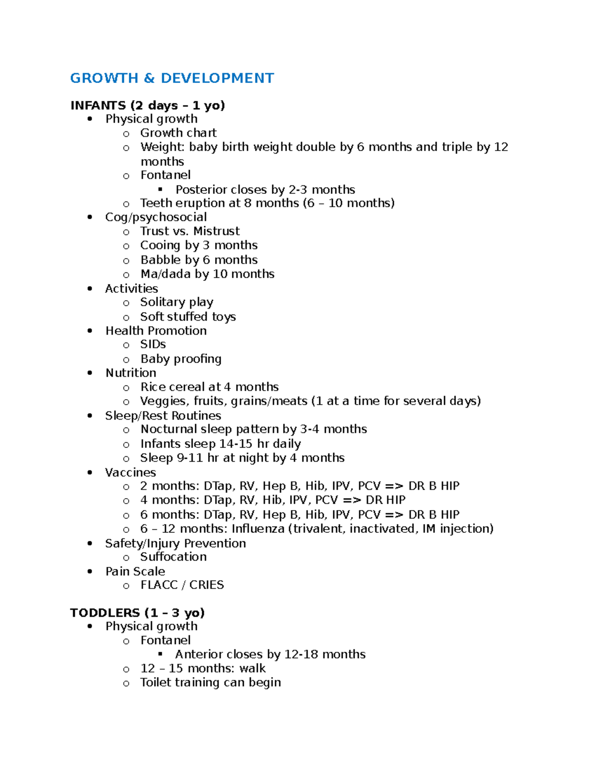 NURS 307 Growth and Development Tutoring notes - GROWTH & DEVELOPMENT ...