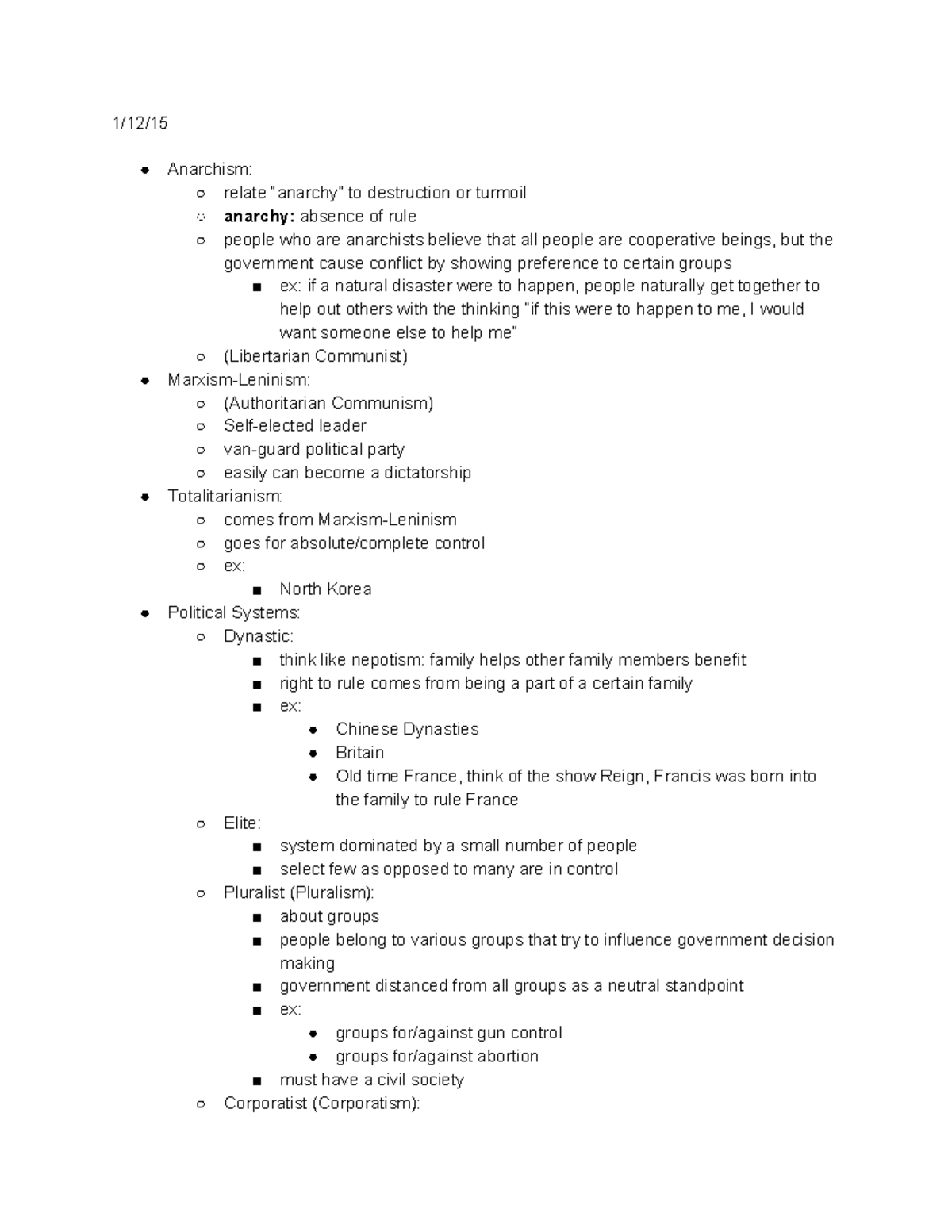 1.12.15 PS131 - 1/12/15 Anarchism: relate “anarchy” to destruction or ...