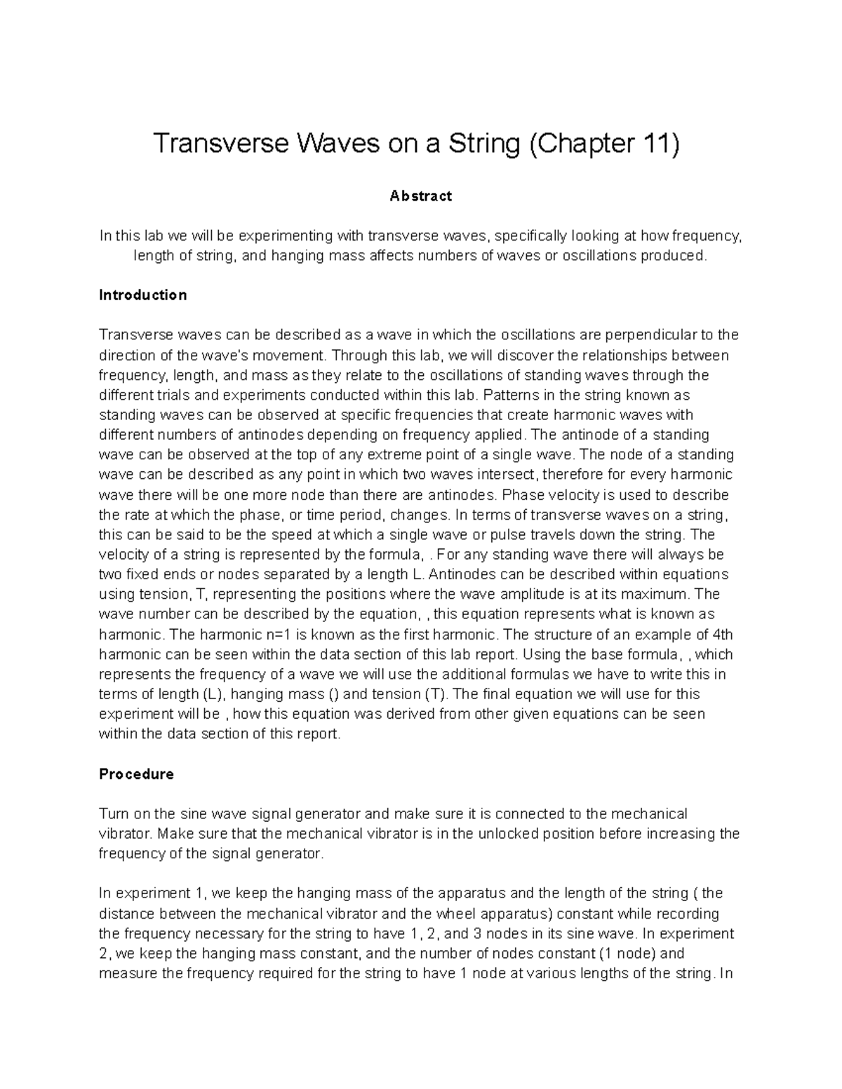 (Transverse Waves on a String) Mini Lab Report - Transverse Waves on a String (Chapter 11 ...