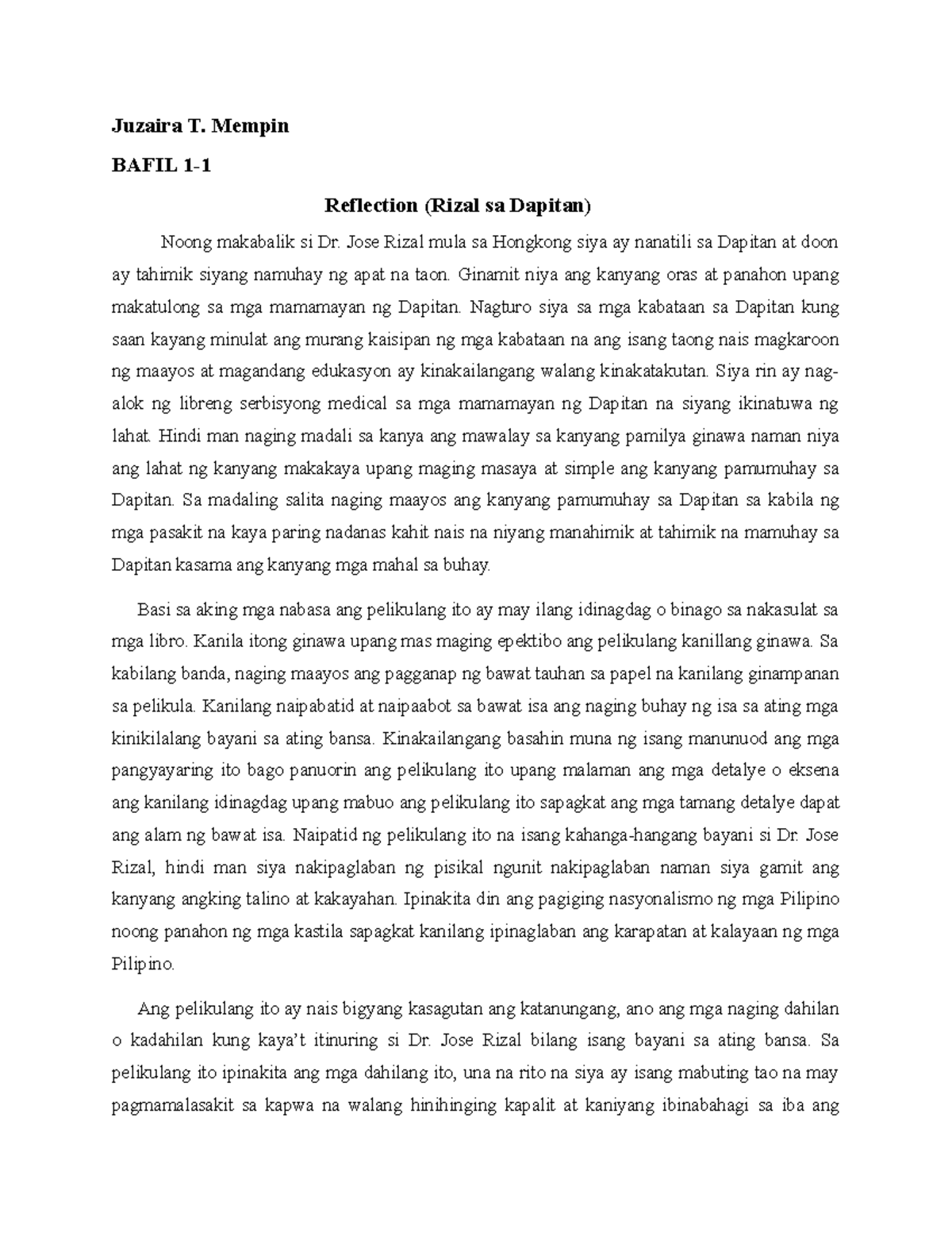 Llll - Grade: 8 - Juzaira T. Mempin BAFIL 1- Reflection (Rizal sa ...