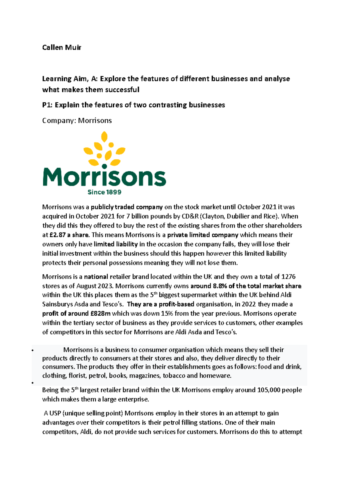 Business Morrisons - .................... - Callen Muir Learning Aim, A ...