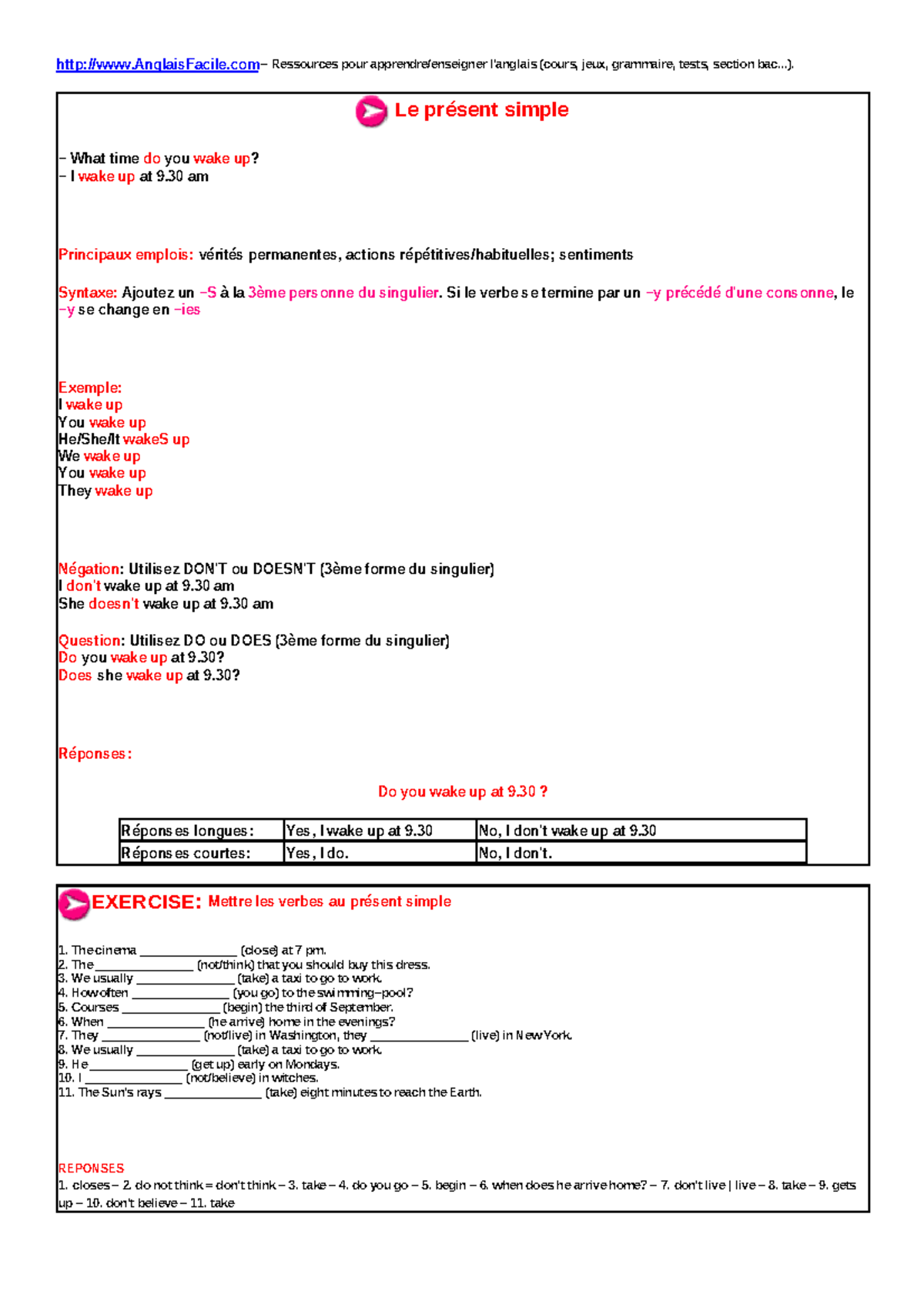 1presentsimple 4 - Cours d'anglais facile en ligne, exercices, tests ...