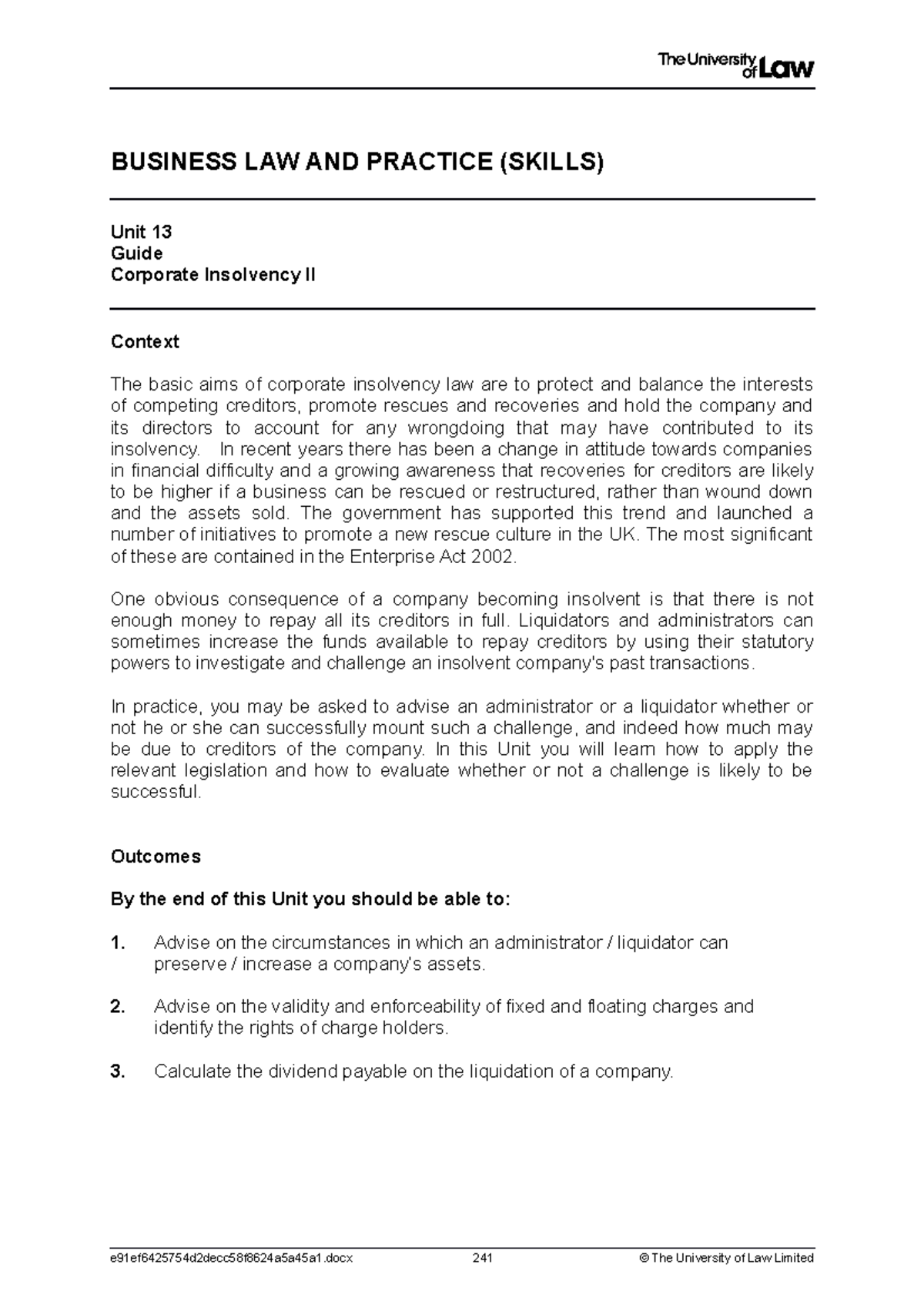 Guide BUSINESS LAW AND PRACTICE SKILLS Unit 13 Guide Corporate