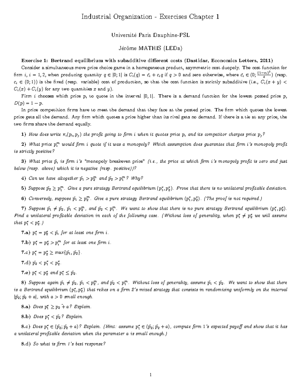 IO Exercises chap1 - exos - Industrial Organization - Exercises Chapter ...