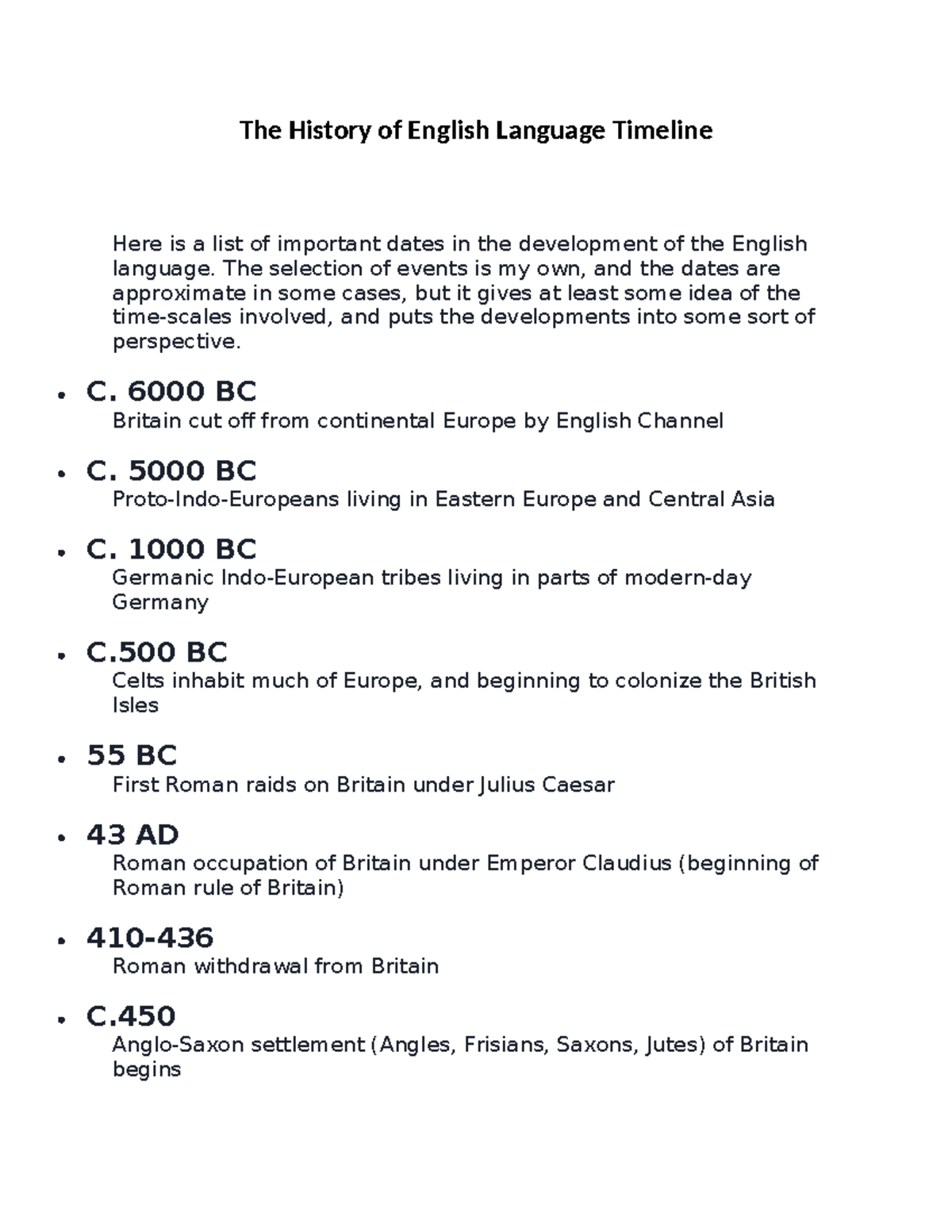 The History of English Language Timeline - The selection of events is ...