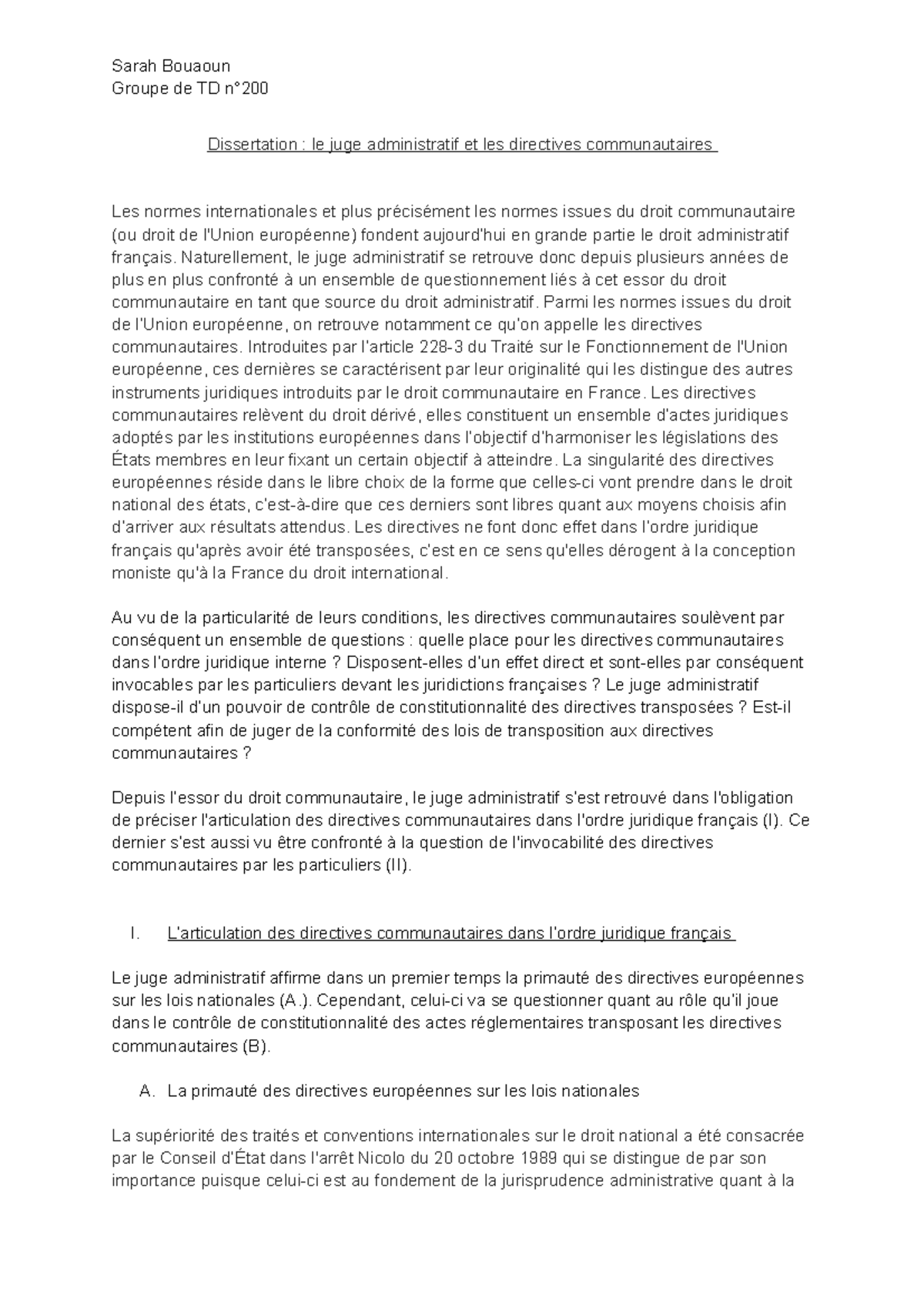 Dissertation le juge administratif et les directives communautaires - Groupe de TD n ...