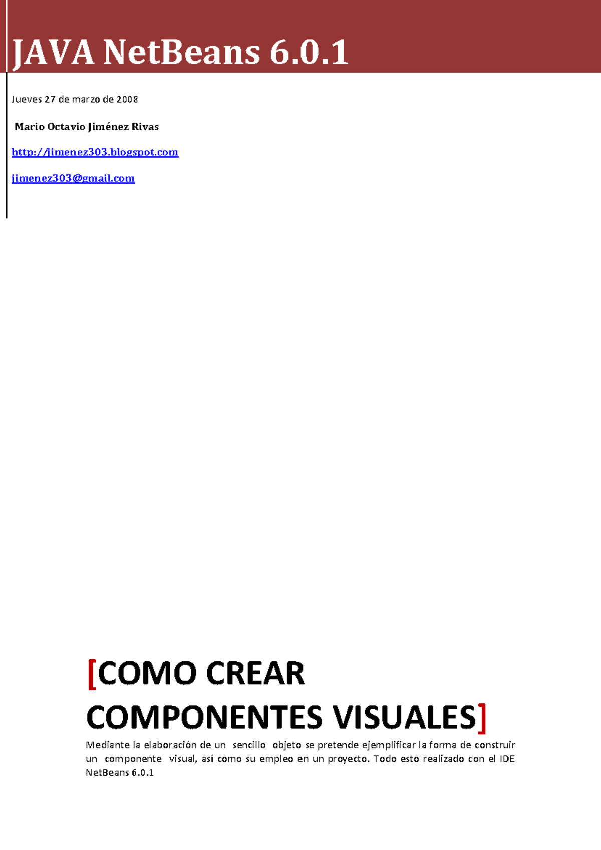 Como Crear Componentes en Net Beans - JAVA NetBeans 6. Jueves 27 de ...