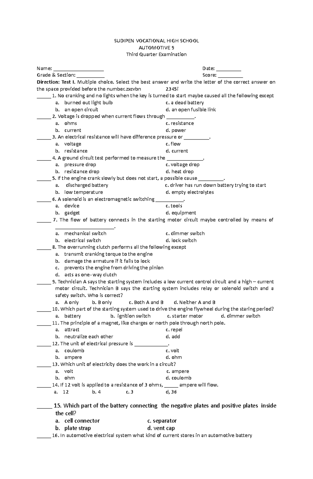 Grade 9- 3rd quarter exam - SUDIPEN VOCATIONAL HIGH SCHOOL AUTOMOTIVE 9 ...