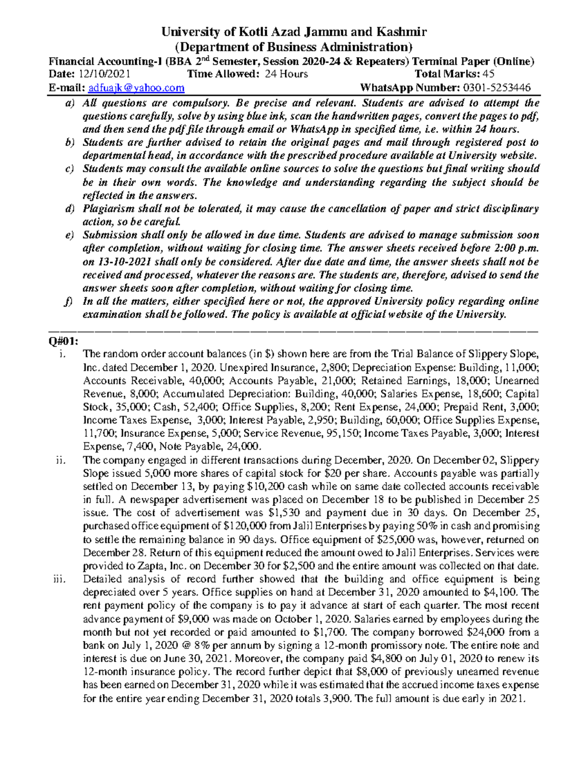 Terminal Paper Financial Accounting I BBA (2020-24) - University of ...