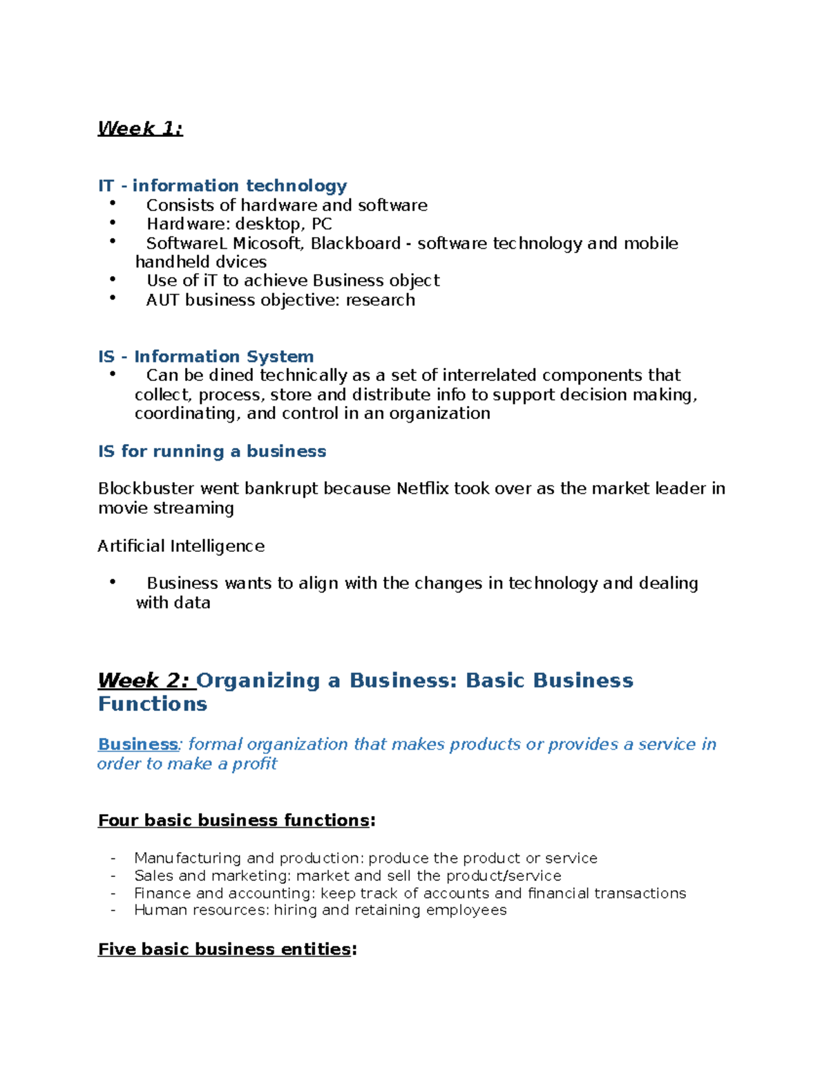 Info Sys Lecture Notes Week 1 It Information Technology Consists Of Hardware And Software