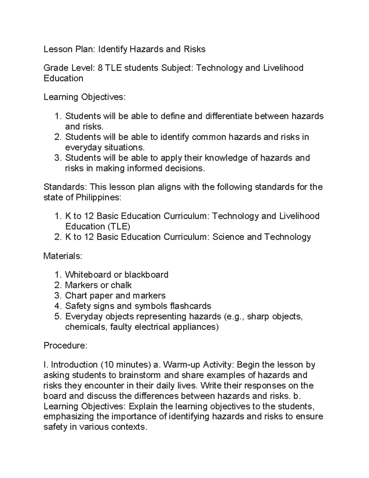 Lesson Plan-COT - quarterly examination - Lesson Plan: Identify Hazards ...