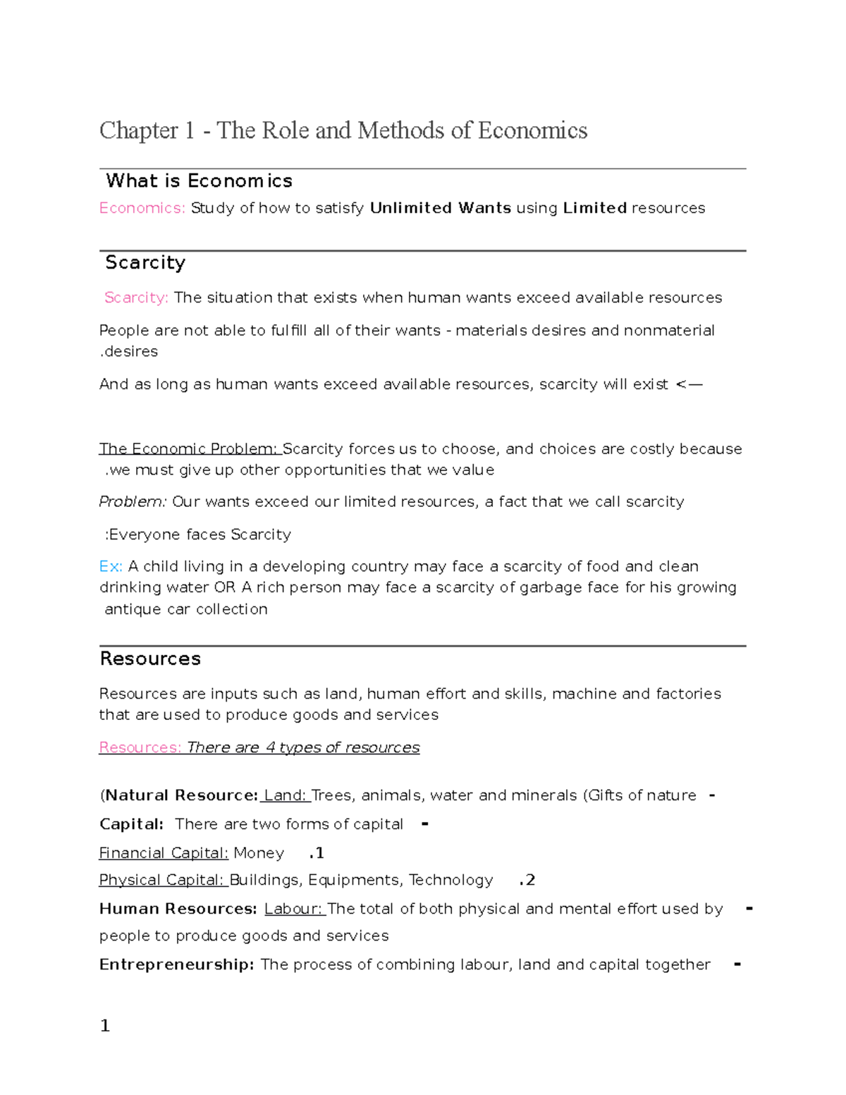 Economics Unit 1 Class Notes - Chapter 1 - The Role and Methods of ...