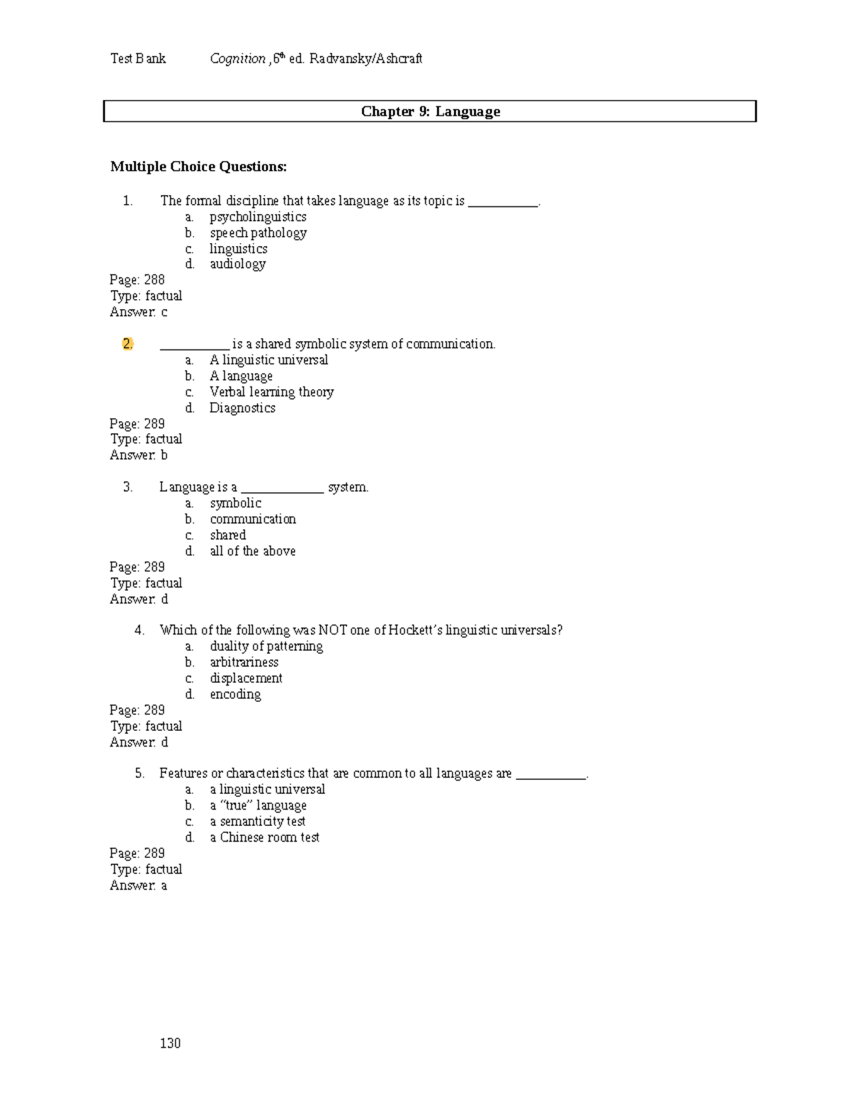 CH09 Cognition 6e TB - rdifficult - Chapter 9: Language Multiple Choice Questions: The formal ...