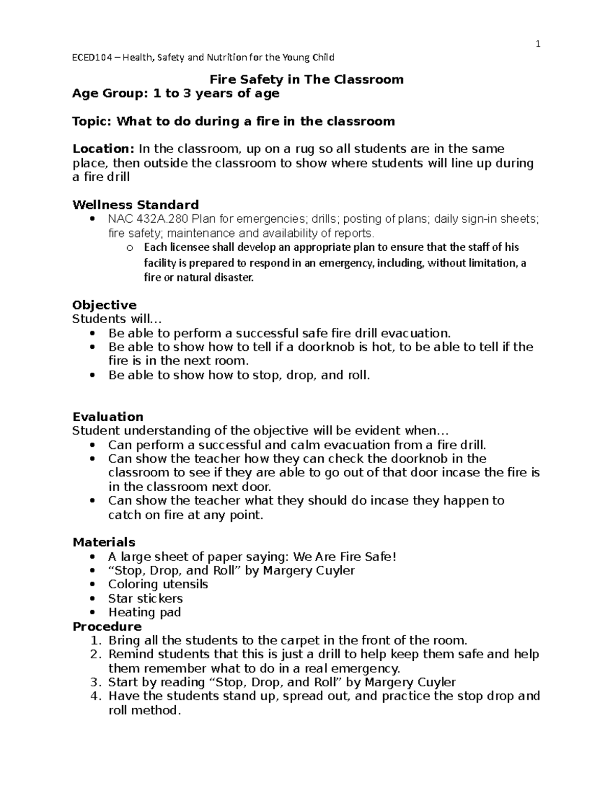 Safety lesson plan - 1 ECED104 – Health, Safety and Nutrition for the ...