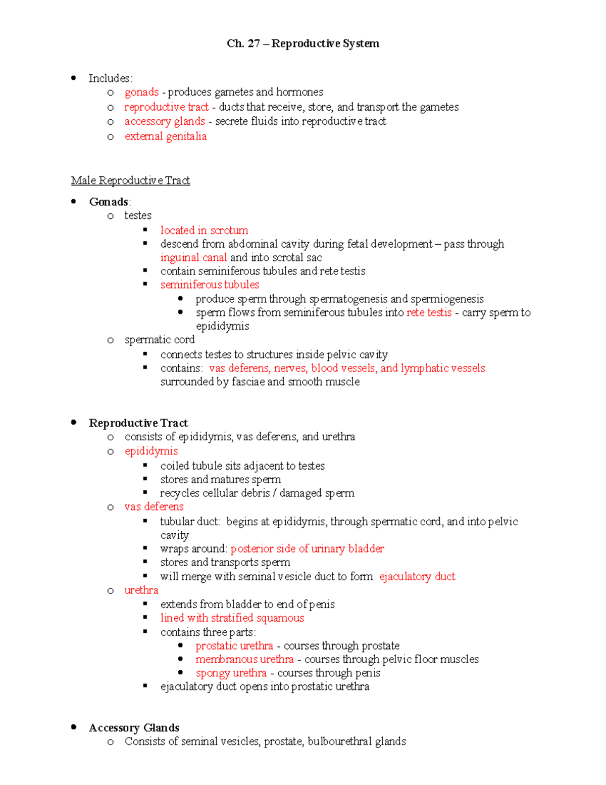 Ch 27 Reproductive System - Ch. 27 – Reproductive System Includes: o ...