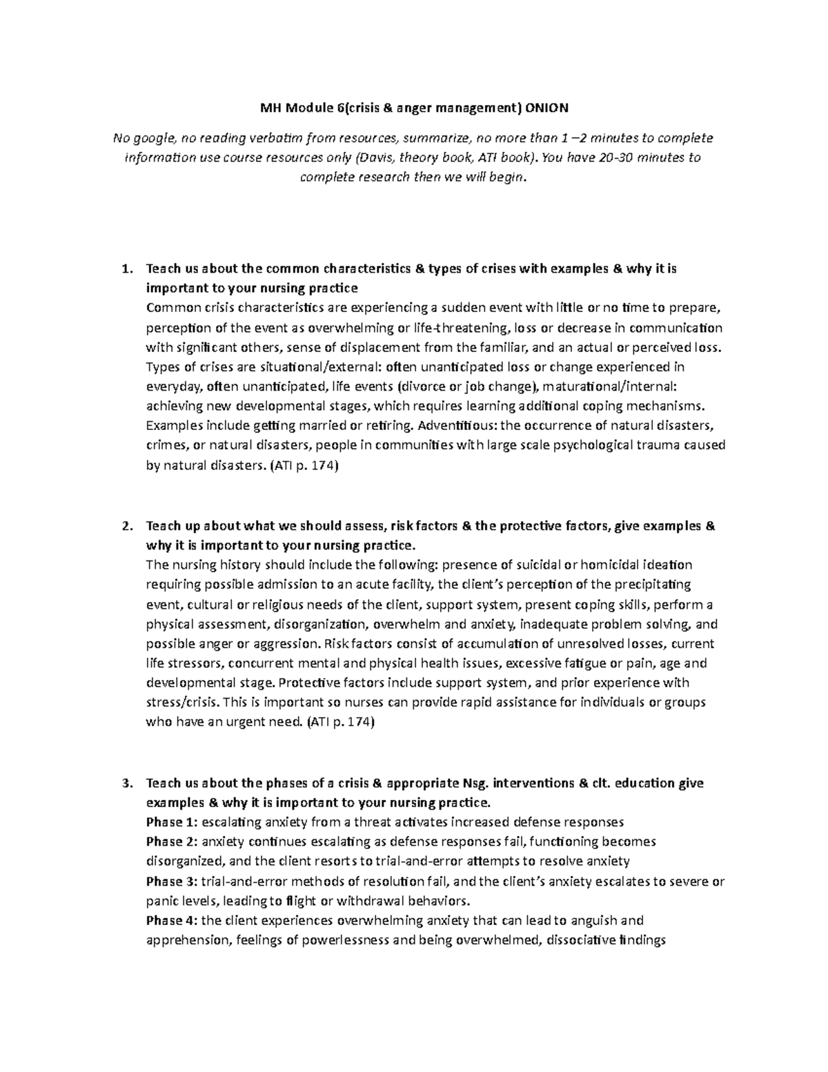 Module 6 onion - Rawlins - MH Module 6(crisis & anger management) ONION ...