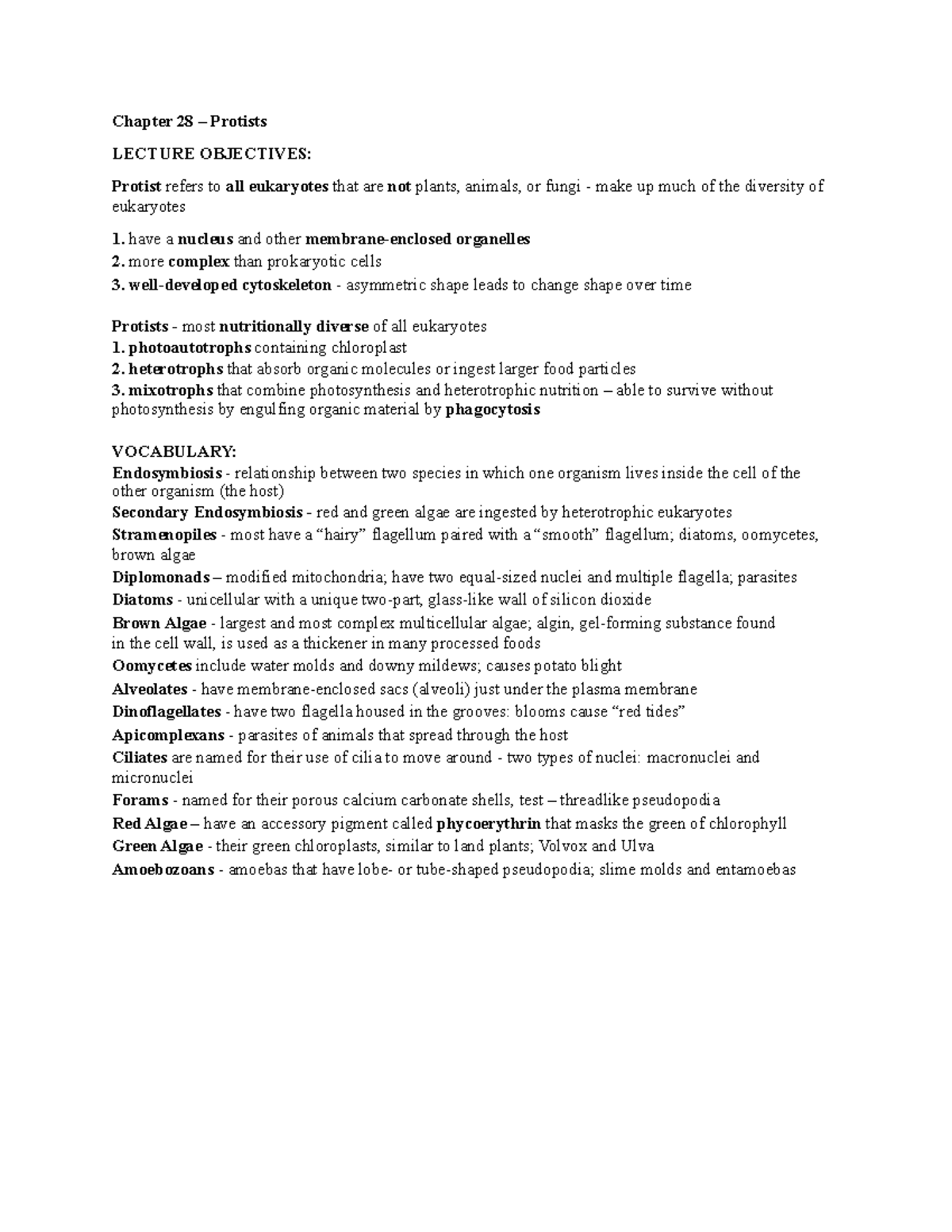Summary - Notes Chapter 28 Protist - Chapter 28 – Protists LECTURE ...