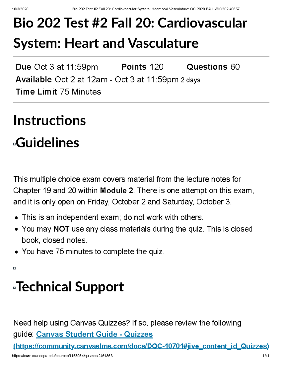 Bio 202 Test #2 Fall 20 Cardiovascular System Heart and Vasculature GC ...