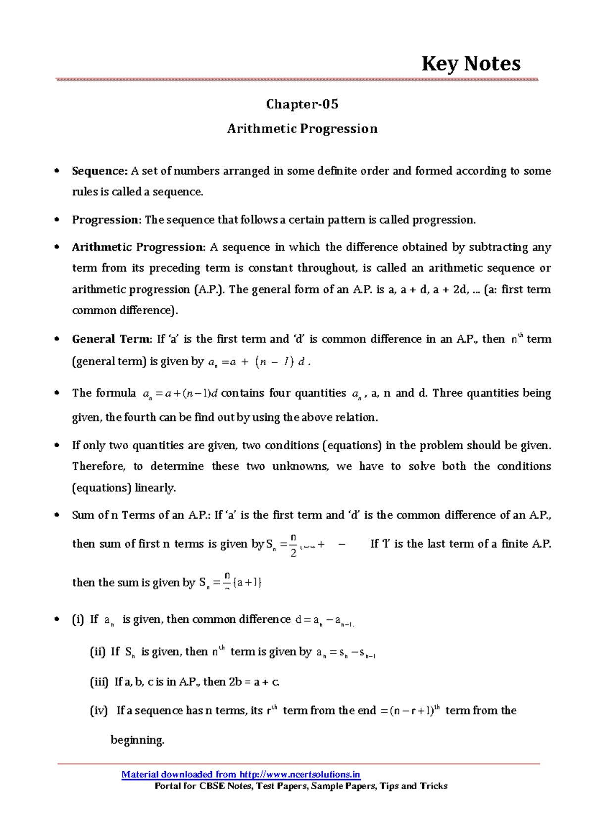 10 maths key notes ch 05 arithmetic progression - Key Notes Material ...