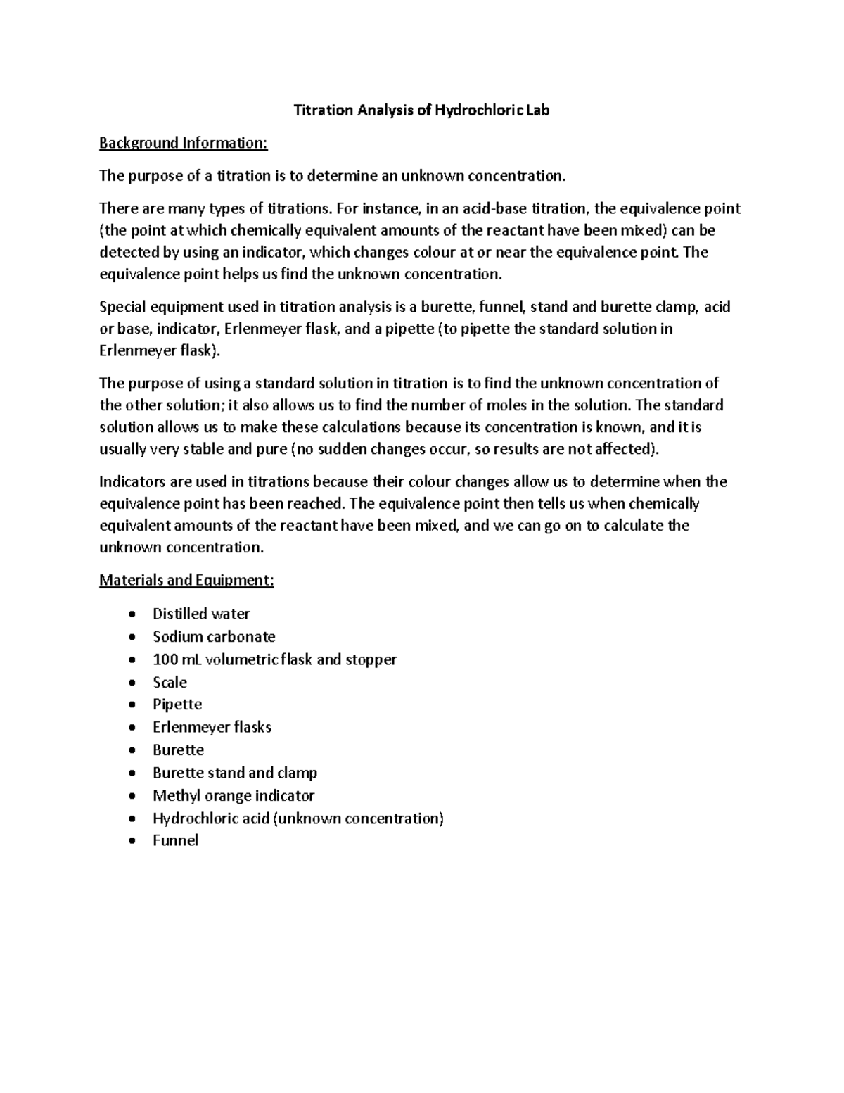 Titration Lab - Titration Analysis of Hydrochloric Lab Background ...