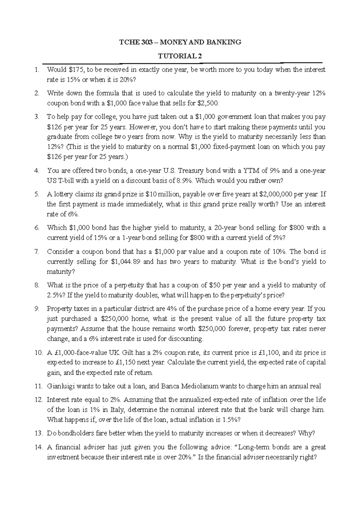 Money and banking exercises - TCHE 303 – MONEY AND BANKING TUTORIAL 2 ...