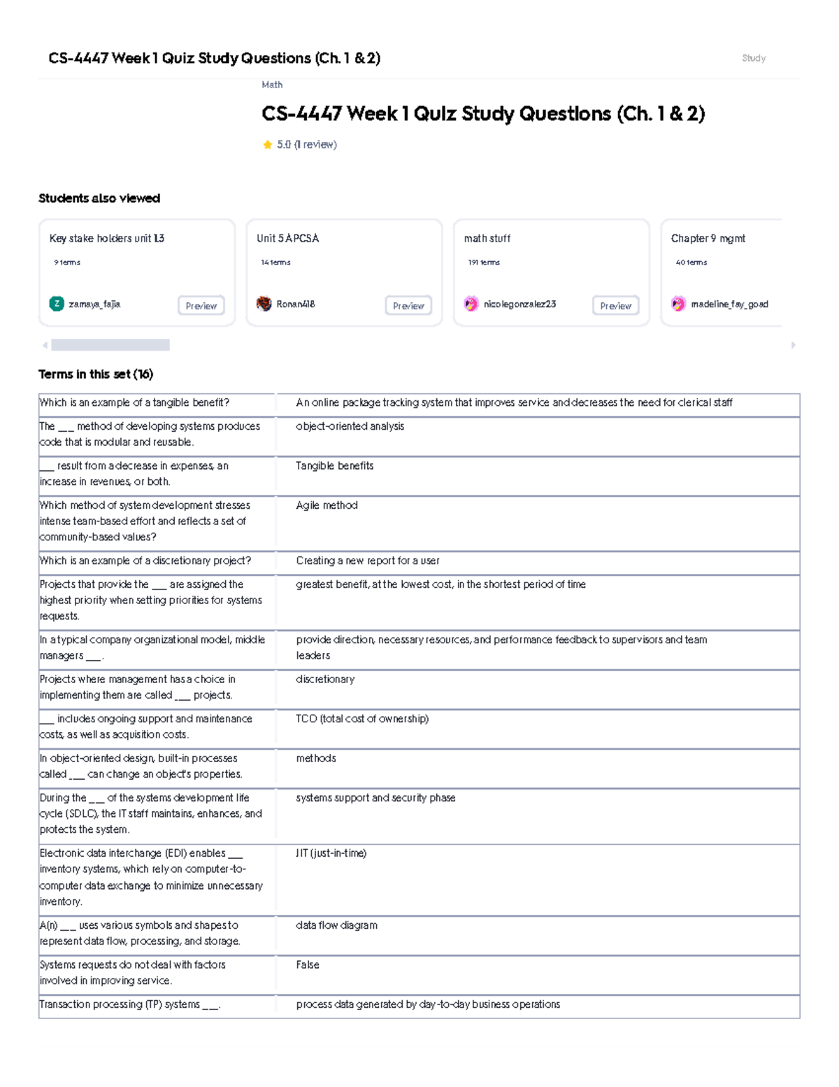 CS-4447 Week 1 Quiz Study Questions (Ch. 1 & 2) Flashcards Quizlet - Scheduled maintenance: June ...