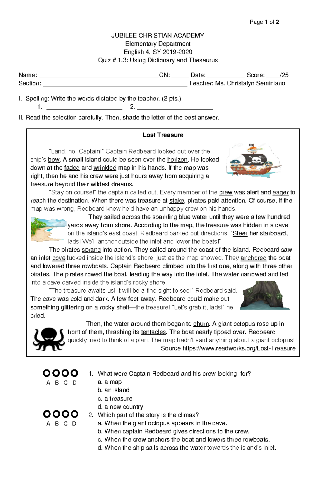 G4 Q1. Q 1 - Quiz - Page 1 of 2 JUBILEE CHRISTIAN ACADEMY Elementary ...