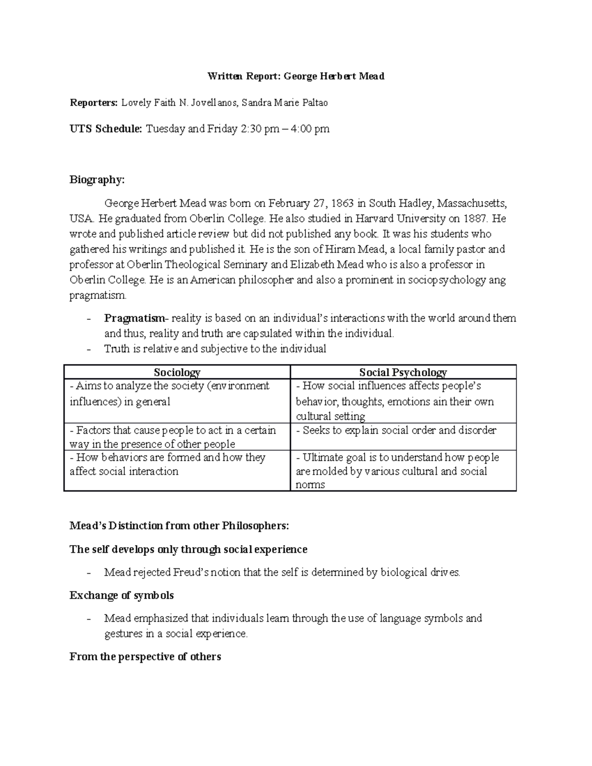 Written Report On Mead - george mead - Written Report: George Herbert ...