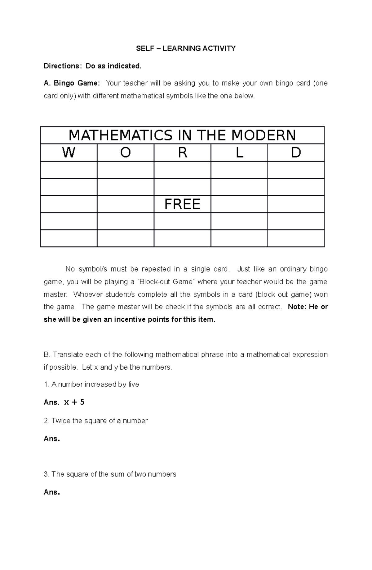 MMW SELF Learning Activity - SELF – LEARNING ACTIVITY Directions: Do as ...