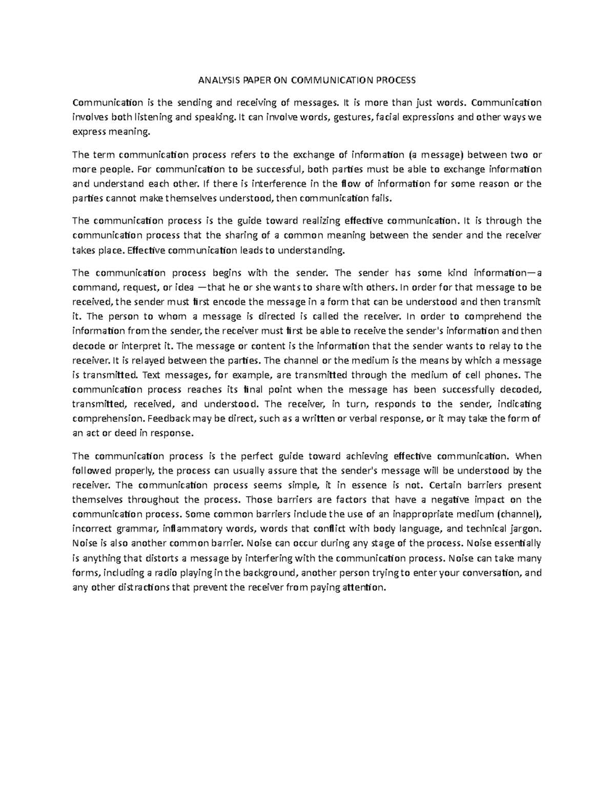 Analysis Paper ON Communication Process - ANALYSIS PAPER ON ...