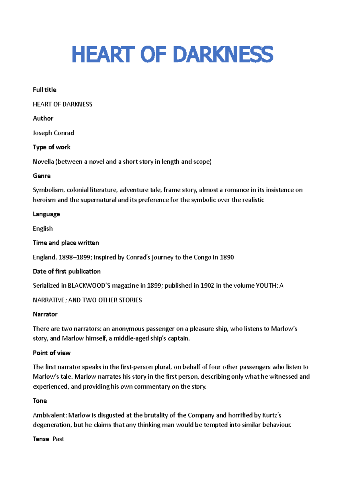 Heart of darkness complete analysis - HEART OF DARKNESS Full title ...