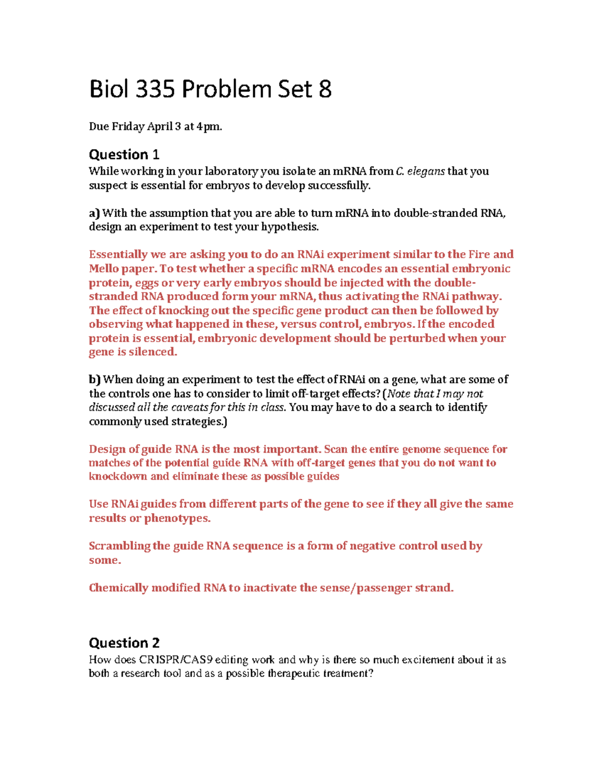 Biol 335 Problem Set 8 Student KEY LC2020 - Biol 335 Problem Set 8 Due Friday April 3 at 4pm ...