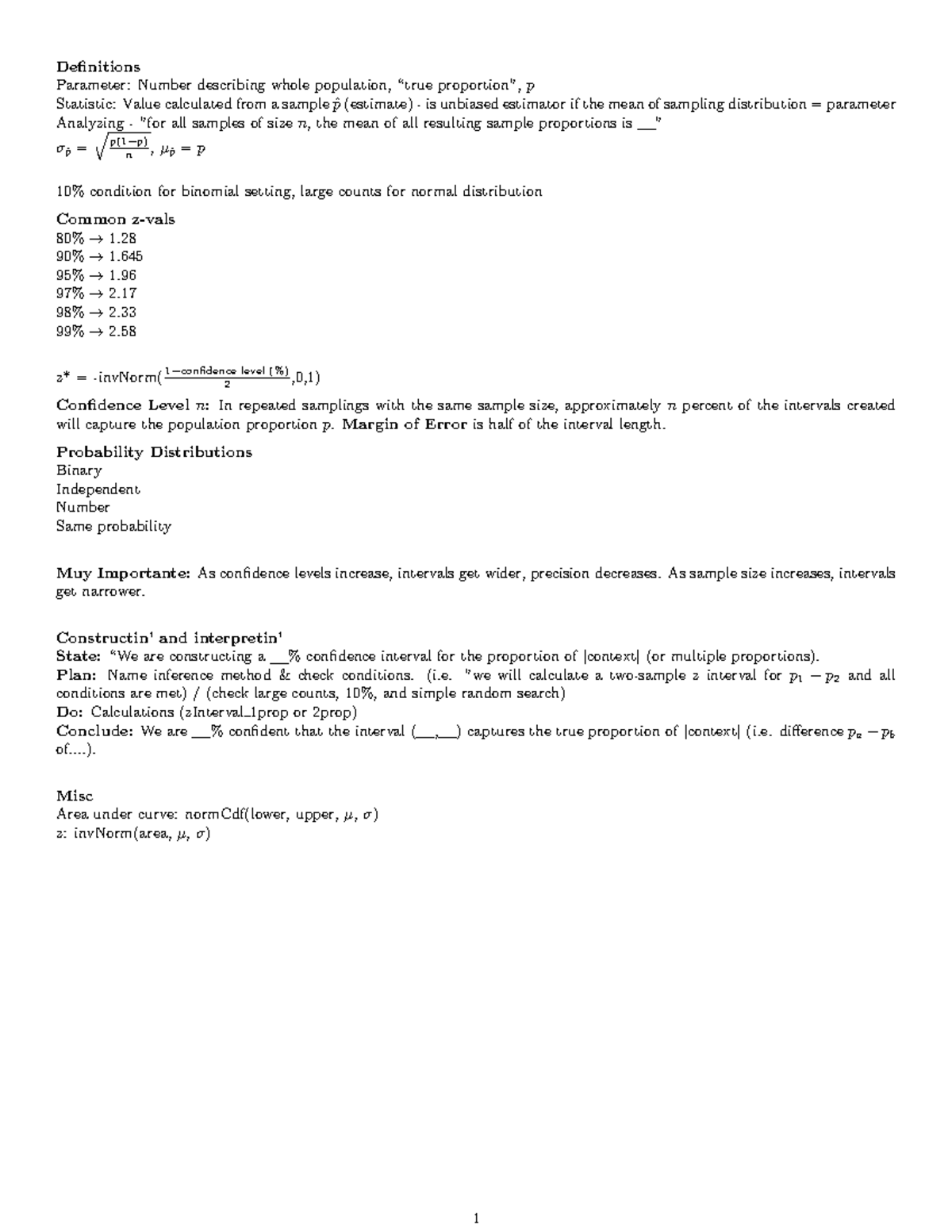 Statistics Cheat Sheet - Definitions Parameter: Number describing whole ...