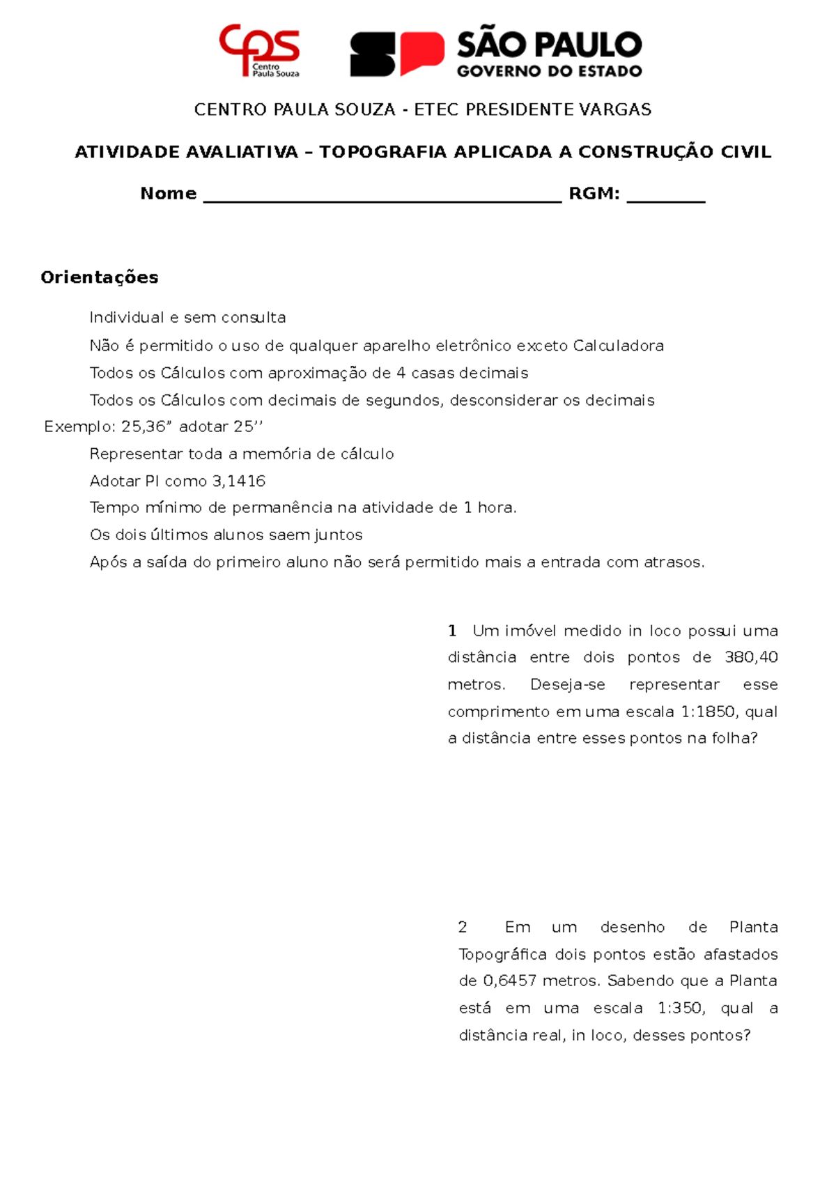 Recuperação - Prova 2 - Exercicio - CENTRO PAULA SOUZA - ETEC ...