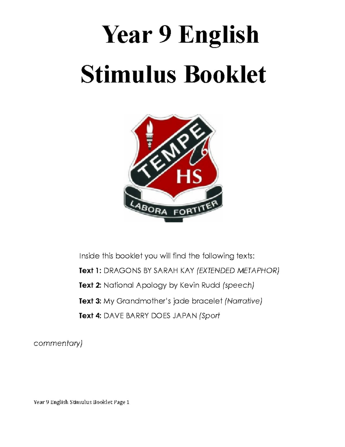 Year 9 English Reading Task Stimulus Booklet - Year 9 English Stimulus ...