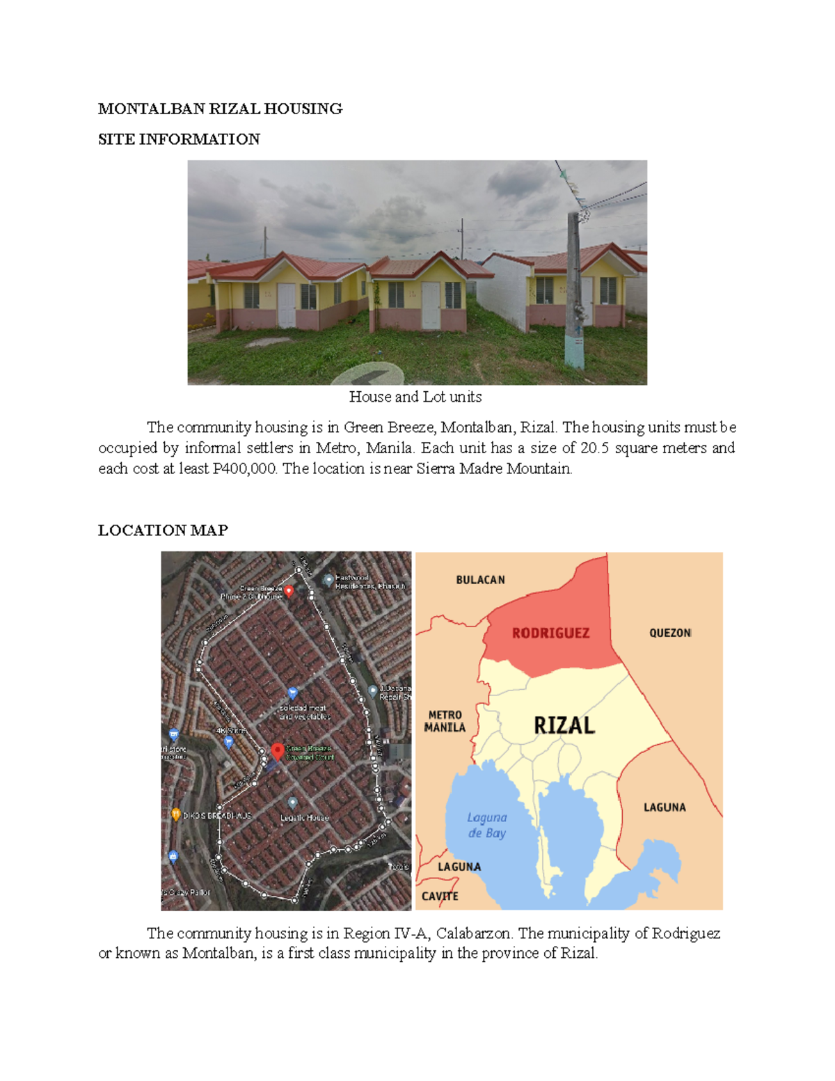 Montalban Rizal Housing - MONTALBAN RIZAL HOUSING SITE INFORMATION House and Lot units The ...