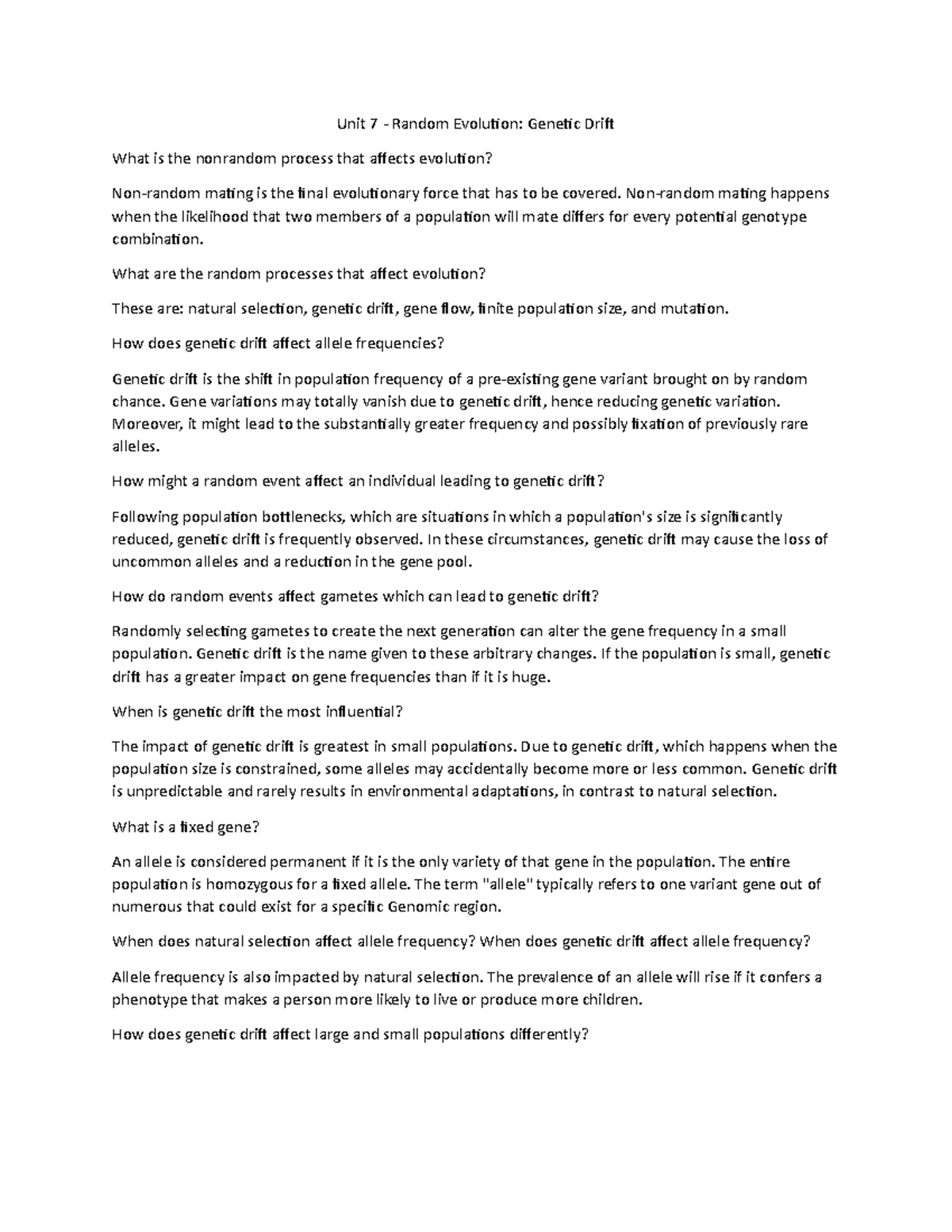 Bio 130 study guide Unit 7 - Unit 7 - Random Evolution: Genetic Drif ...