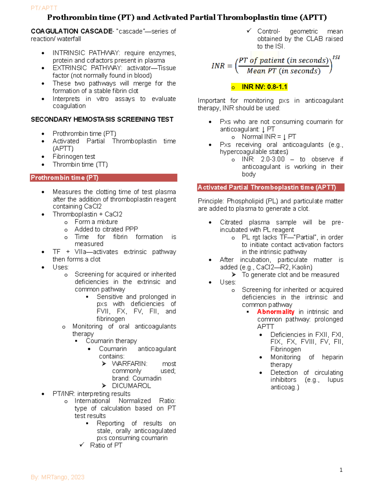 PT APTT Notes by maam presh - 1 Prothrombin time (PT) and Activated ...