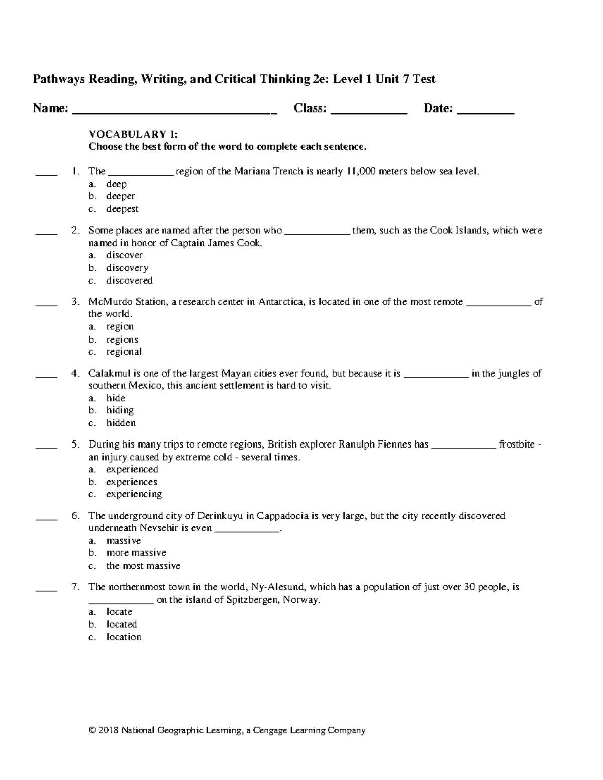 Pathways rw1 2e u7 test - cvbfg yth - Pathways Reading, Writing, and ...
