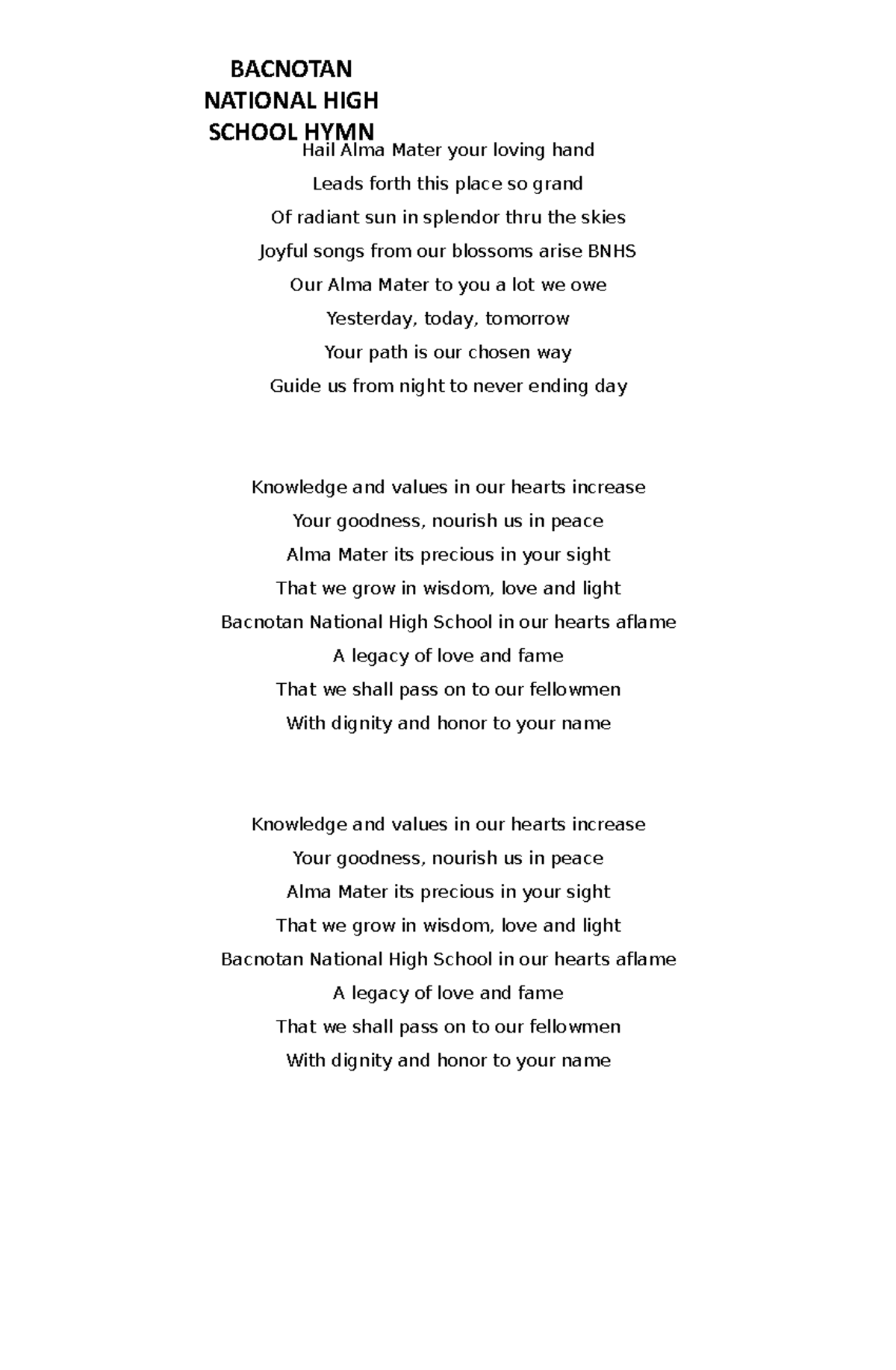 BNHS HYMN march - Hail Alma Mater your loving hand Leads forth this ...