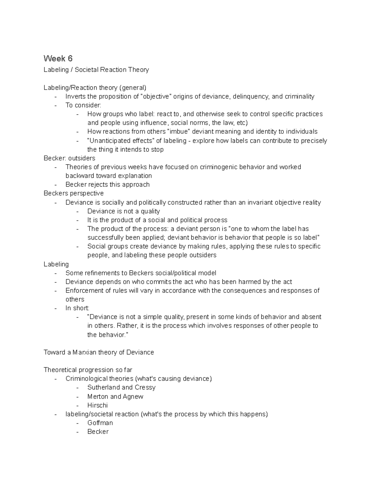 Deviance and control wks 6-11 notes - Week 6 Labeling / Societal ...
