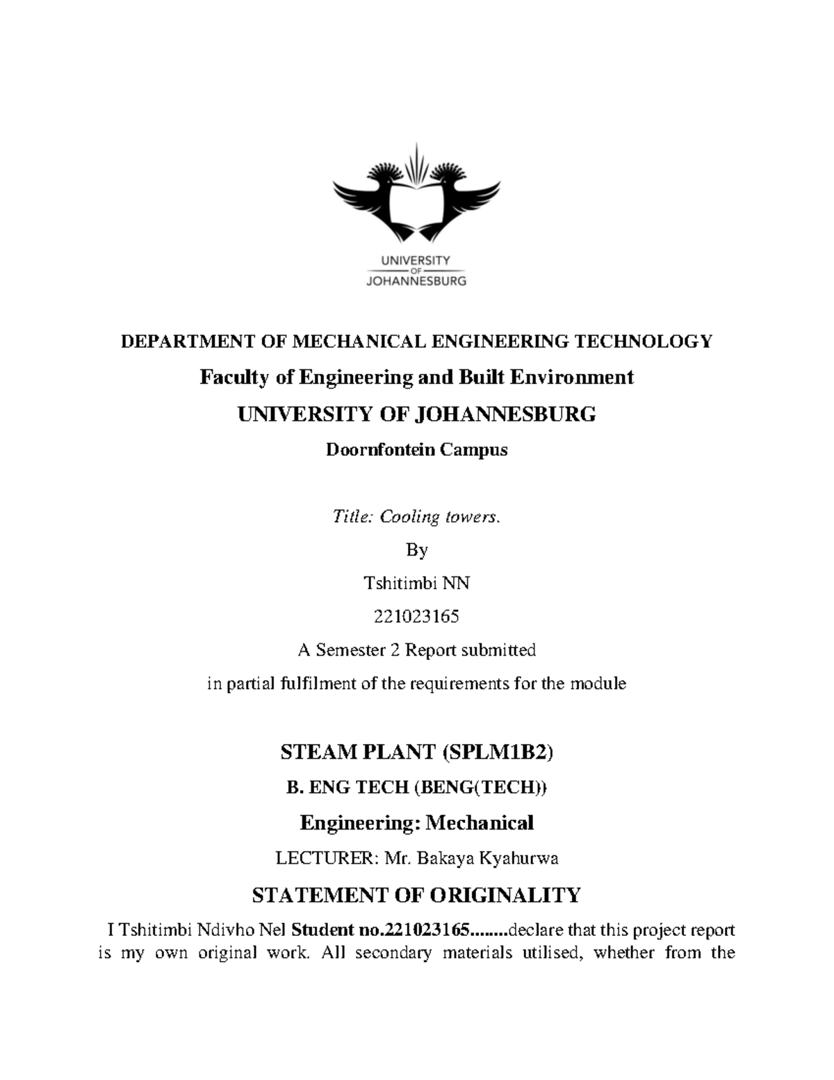 Cooling Tower LAB Report - DEPARTMENT OF MECHANICAL ENGINEERING TECHNOLOGY Faculty of ...
