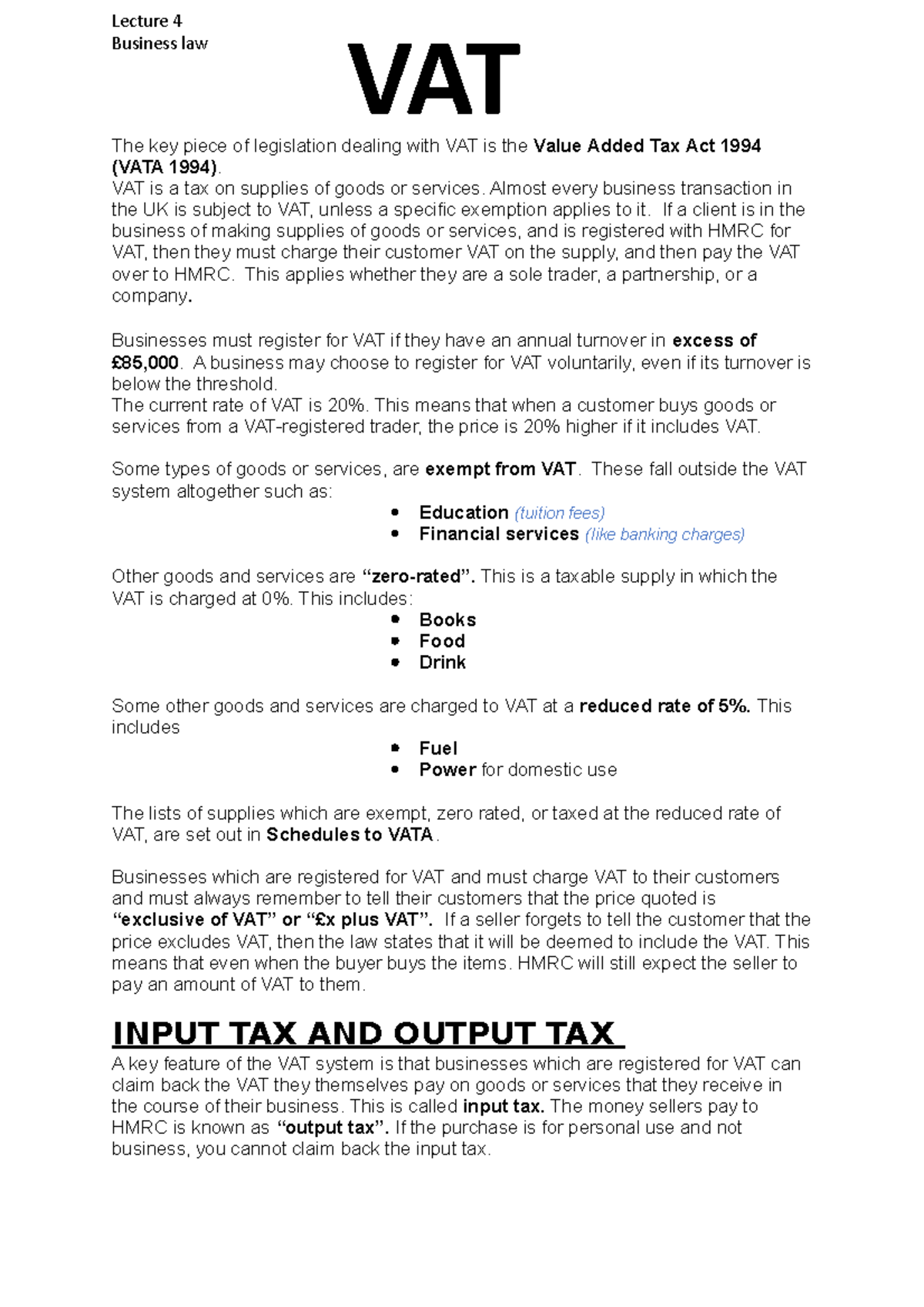 VAT- Lecture 3 Business law - Lecture 4 Business law The key piece of ...