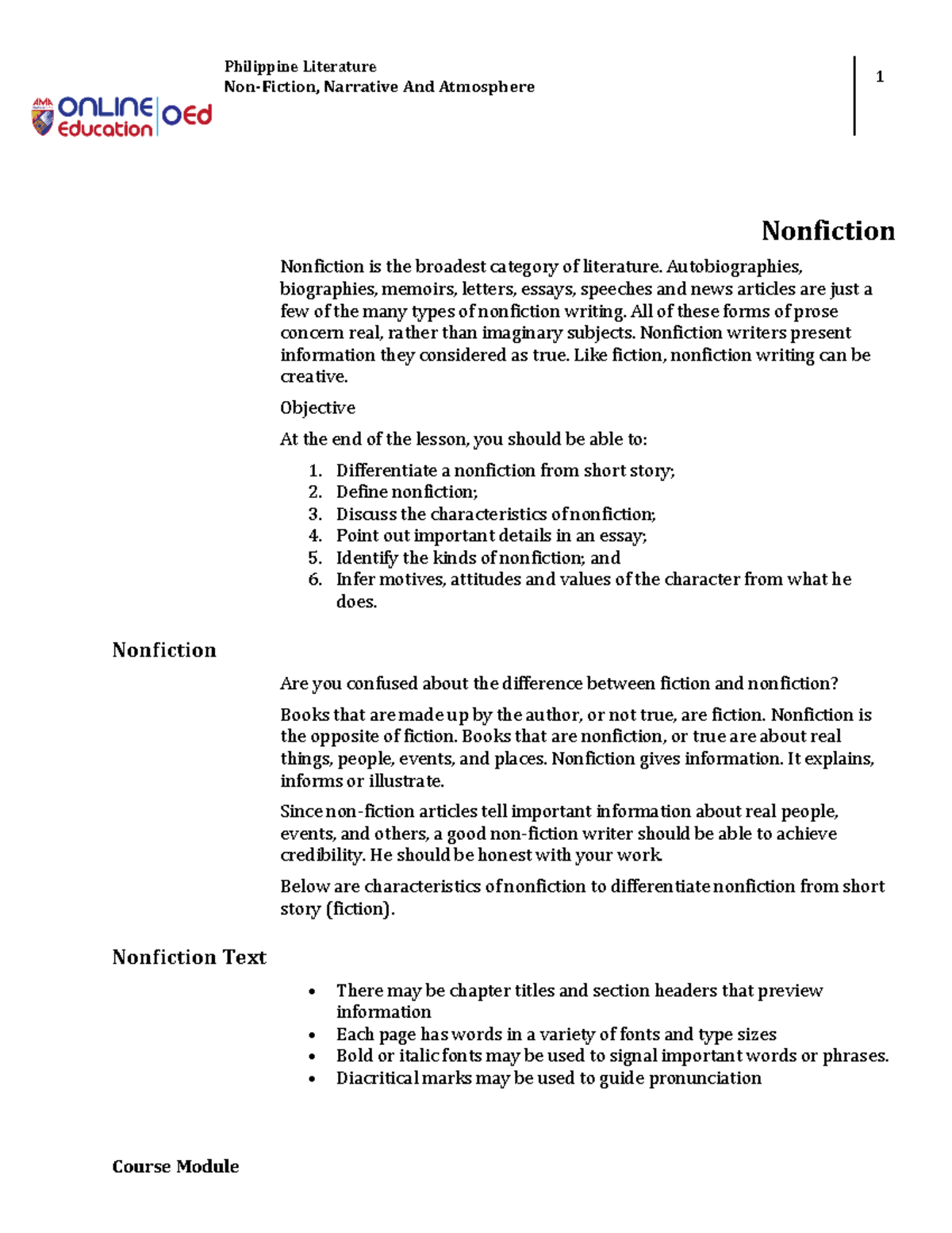 Nonfiction - Lecture Notes - Philippine Literature Non-Fiction ...