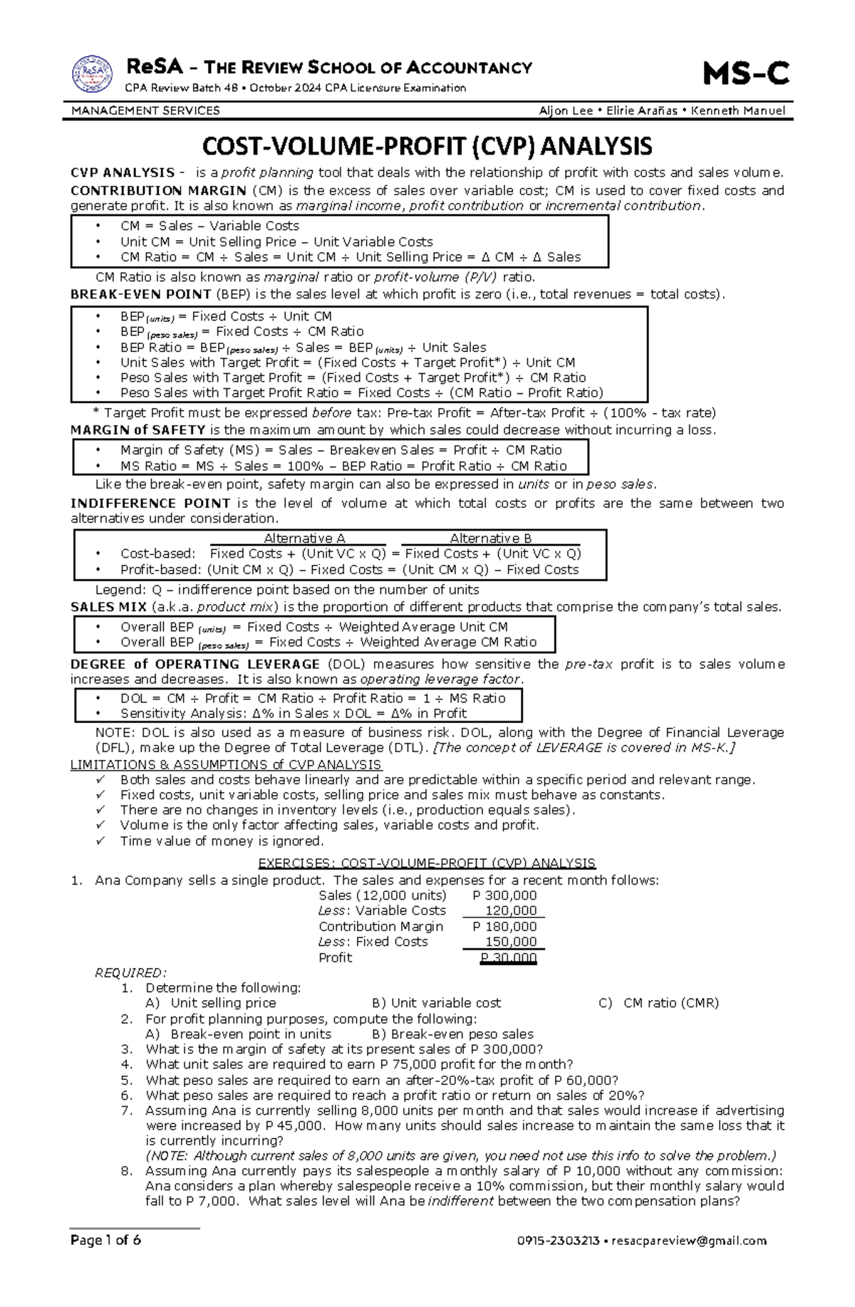MS-C (Cost-Volume-Profit Analysis) - ReSA - THE REVIEW SCHOOL OF ...
