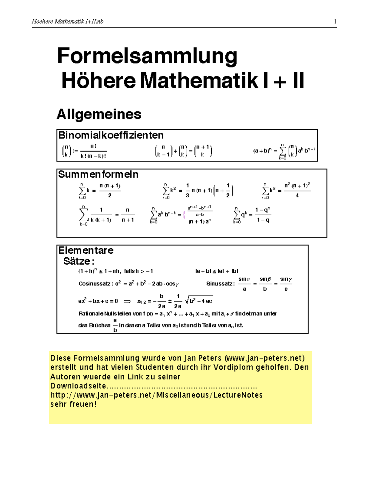 Hm1und2 - Hoehere Mathematik I+II 1 Formelsammlung Höhere Mathematik I ...
